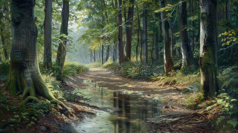 A Painting of a Forest Path with a Stream Running through it Stock ...