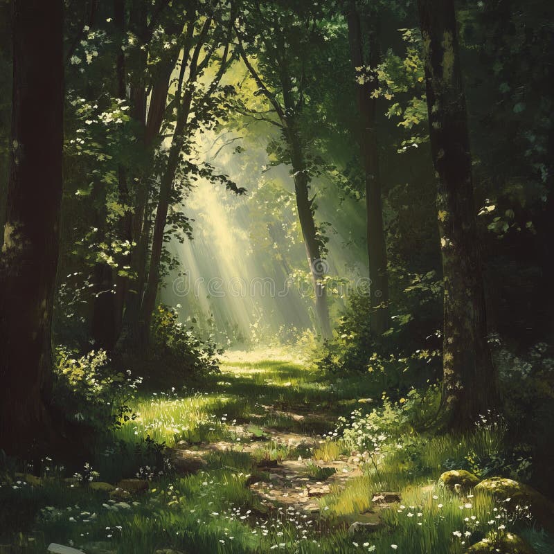 A Painting of a Forest Path with Sunlight Shining through the Trees ...