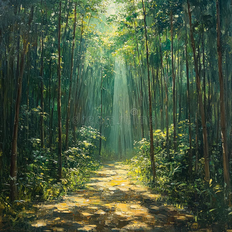 Painting of a Forest Path with Sunlight Shining through the Trees Stock ...