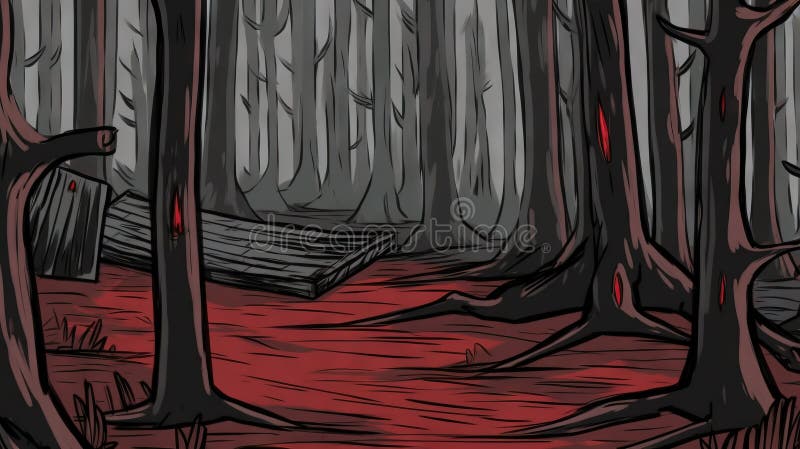 A Painting of a Forest with a Red Path in the Middle of it Stock ...