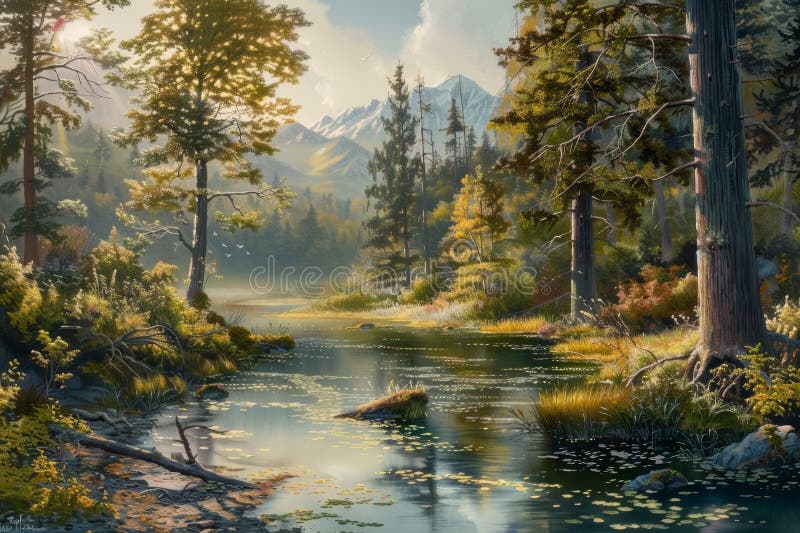 A Painting of a Forest with a River Running through it Stock ...