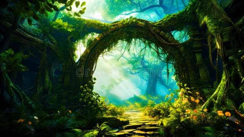 Painting of Forest Scene with Path through the Trees and Stream Running ...