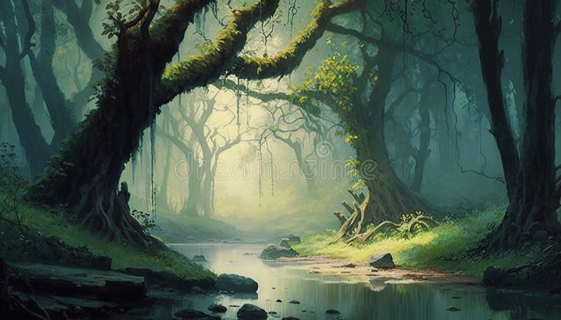 A Painting of a Forest with a Stream Running through it. Stock ...
