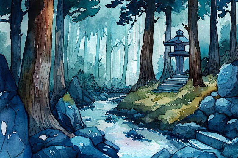 A Painting of a Forest with a Stream Running through it Stock Image ...