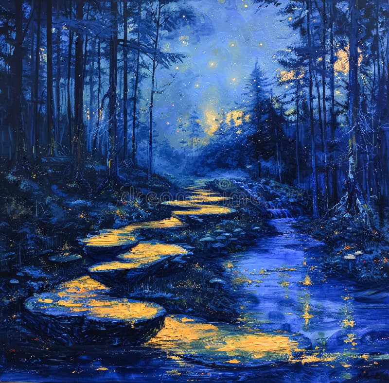 A Painting of a Forest with a Stream of Water Stock Image - Image of ...