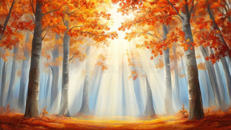 A Painting of a Forest with Sunbeams Shining through the Trees, AI ...