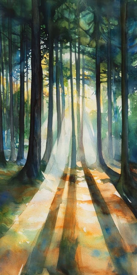 A Painting of a Forest with Trees and Sunlight Stock Illustration ...