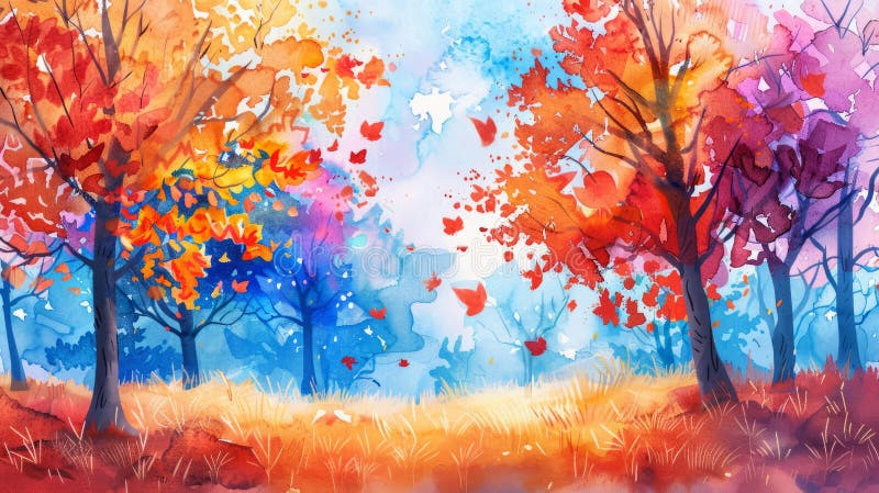 A Painting of a Forest with Trees in Various Shades of Red, Orange, and ...