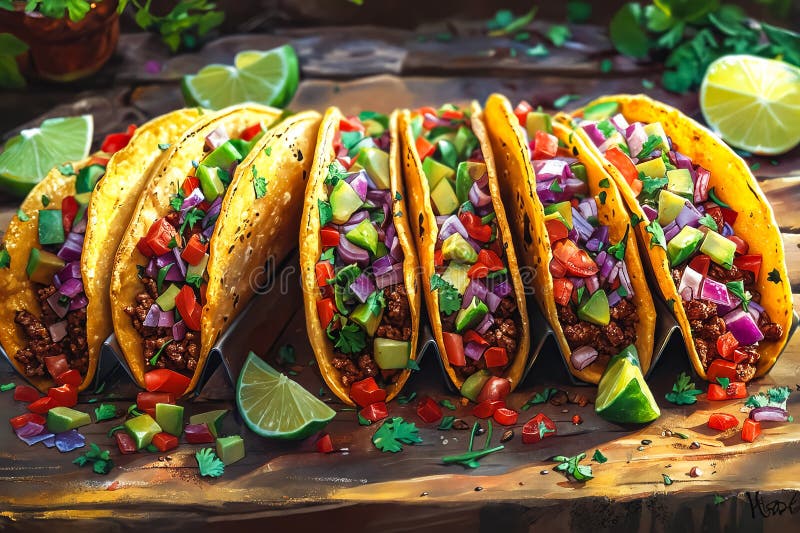 A Painting of Four Tacos on a Wooden Table. Generative AI Stock Photo ...