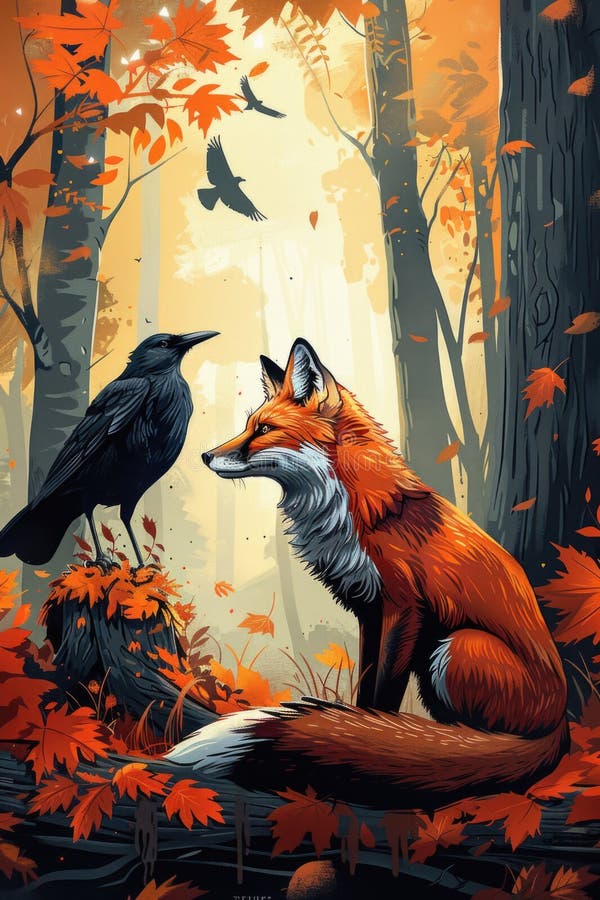 A Painting of a Fox and a Crow in a Forest Stock Image - Image of ...