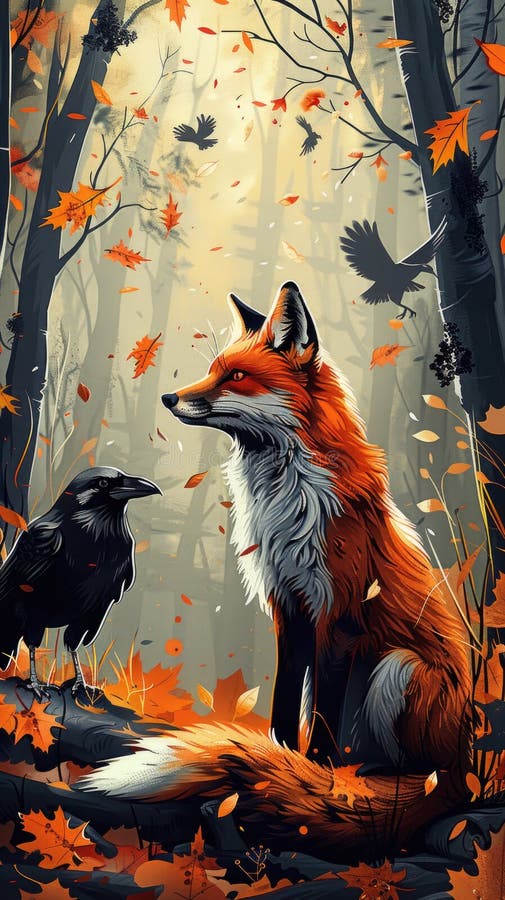 A Painting of a Fox and a Crow in a Forest Stock Photo - Image of crow ...