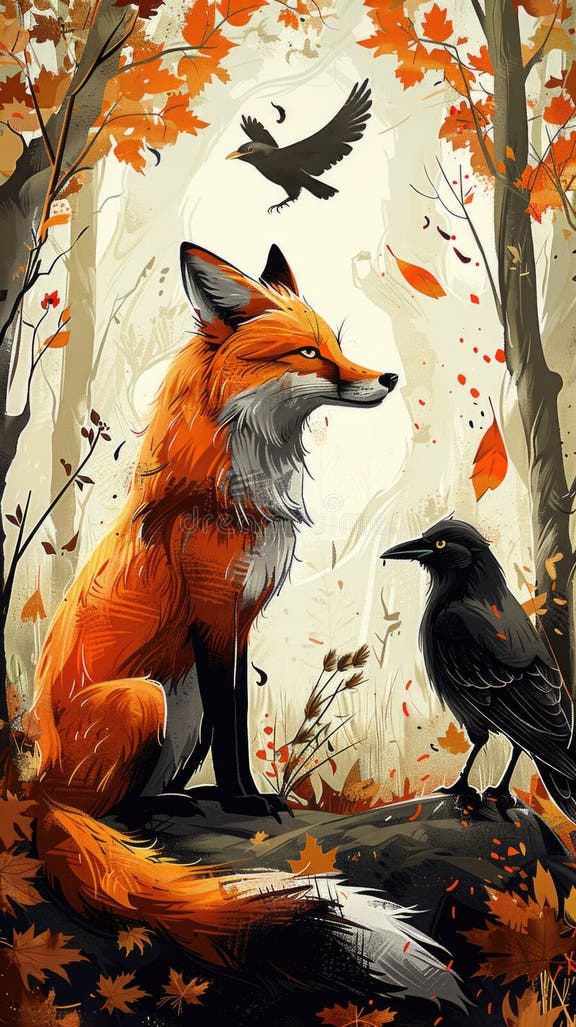 A Painting of a Fox and a Crow in the Woods Stock Photo - Image of tree ...