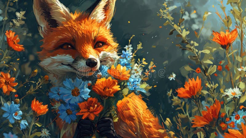 A Painting of a Fox with Flowers in Its Mouth, AI Stock Photo - Image ...