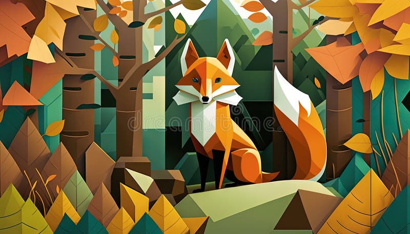 A Painting of a Fox in a Forest Surrounded by Trees Stock Illustration ...