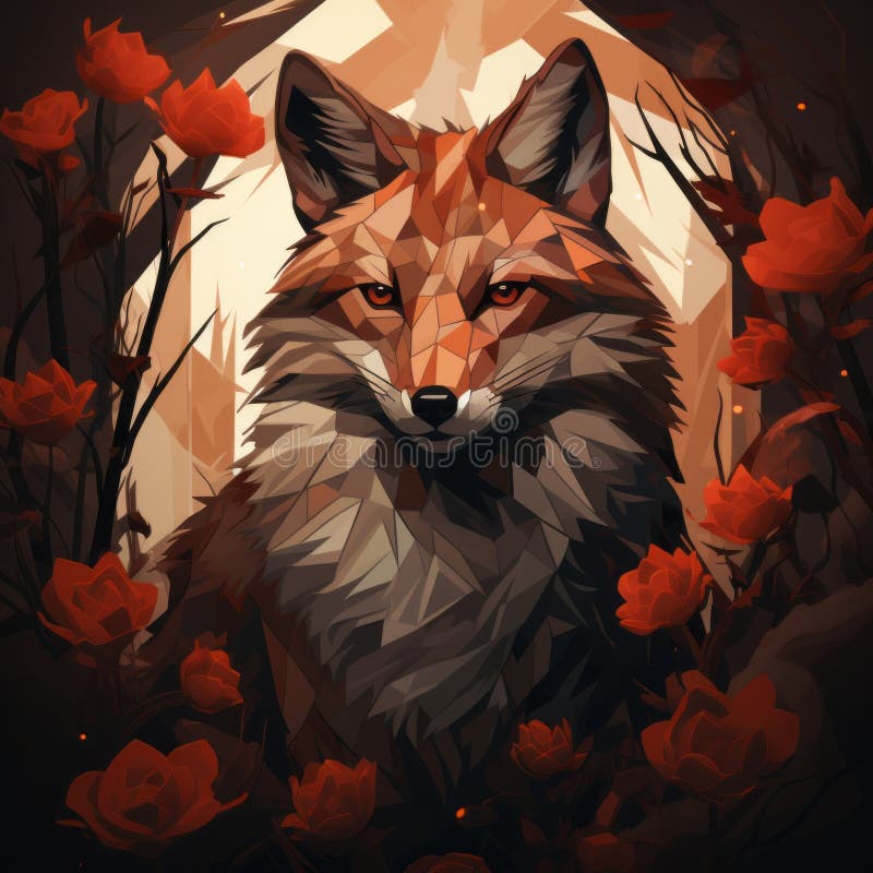 A Painting of a Fox Surrounded by Red Roses Stock Illustration ...