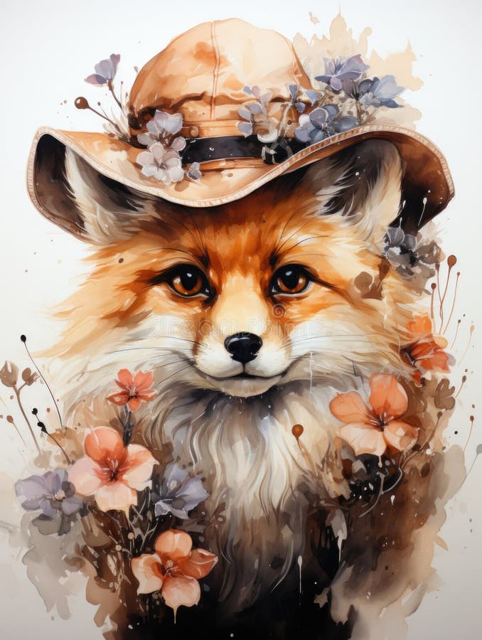 A Painting of a Fox Wearing a Hat Stock Illustration - Illustration of ...