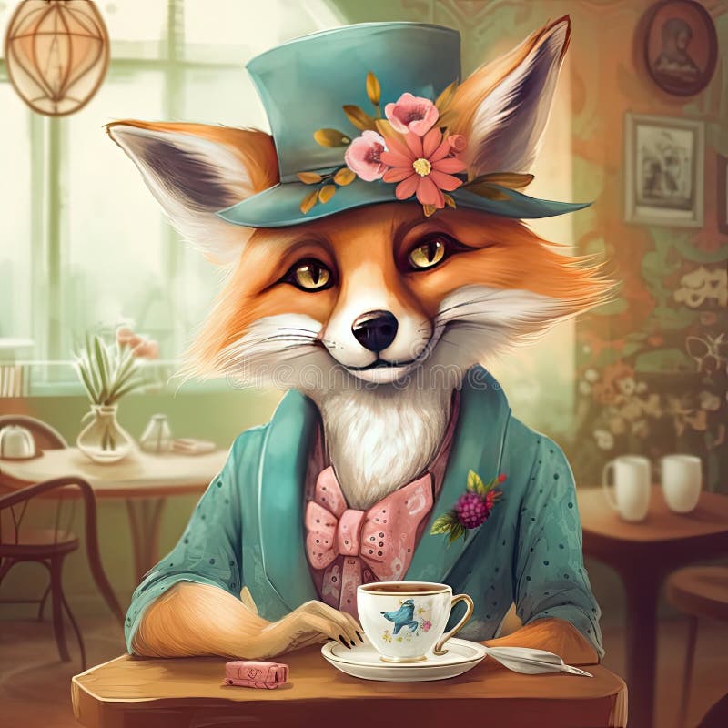 A Painting of a Fox Wearing a Hat Drinking Tea. Generative Ai Stock ...