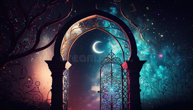 A Painting of a Gate with a Moon and Stars in the Sky Behind it and a ...