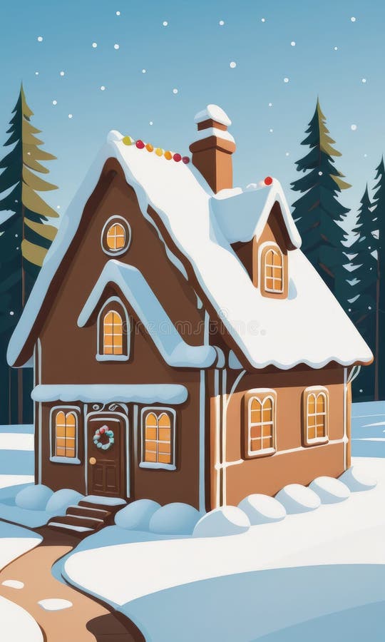 A Painting of a Gingerbread House in the Snow Stock Illustration ...