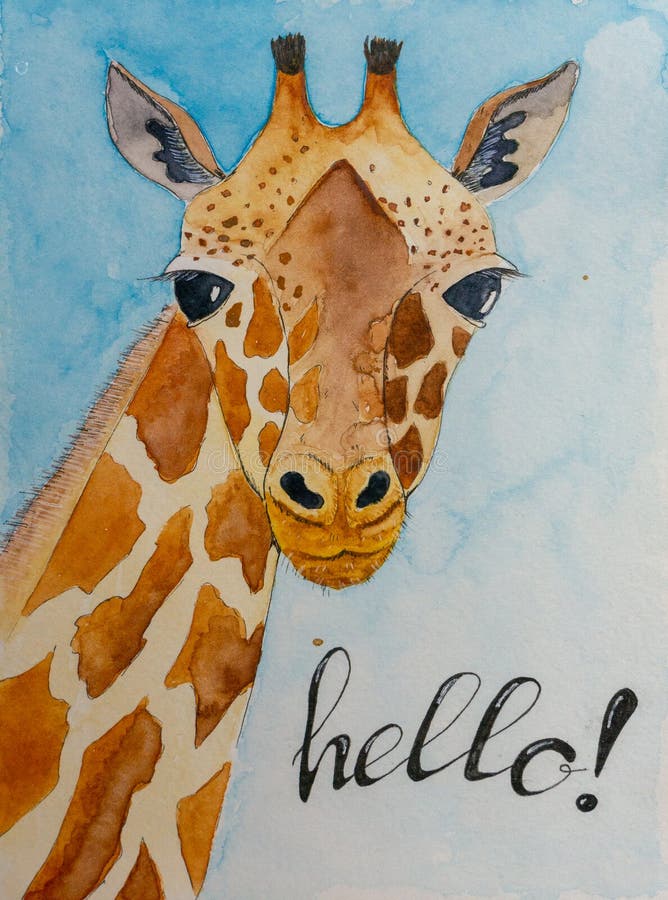 Painting of Giraffe on Light Wall. Hello. Stock Photo - Image of person ...