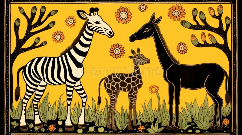 A Painting of a Giraffe, Zebra and Baby, AI Stock Image - Image of ...