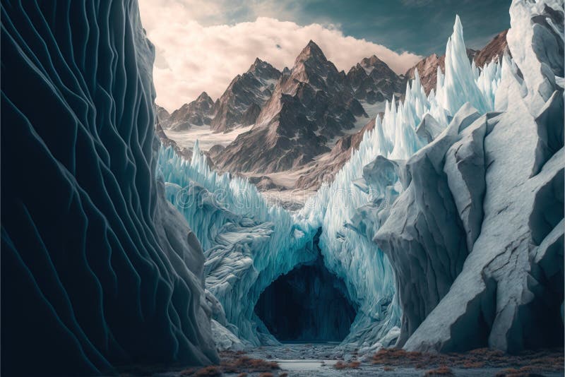 A Painting of a Glacier with Mountains in the Background and a River ...