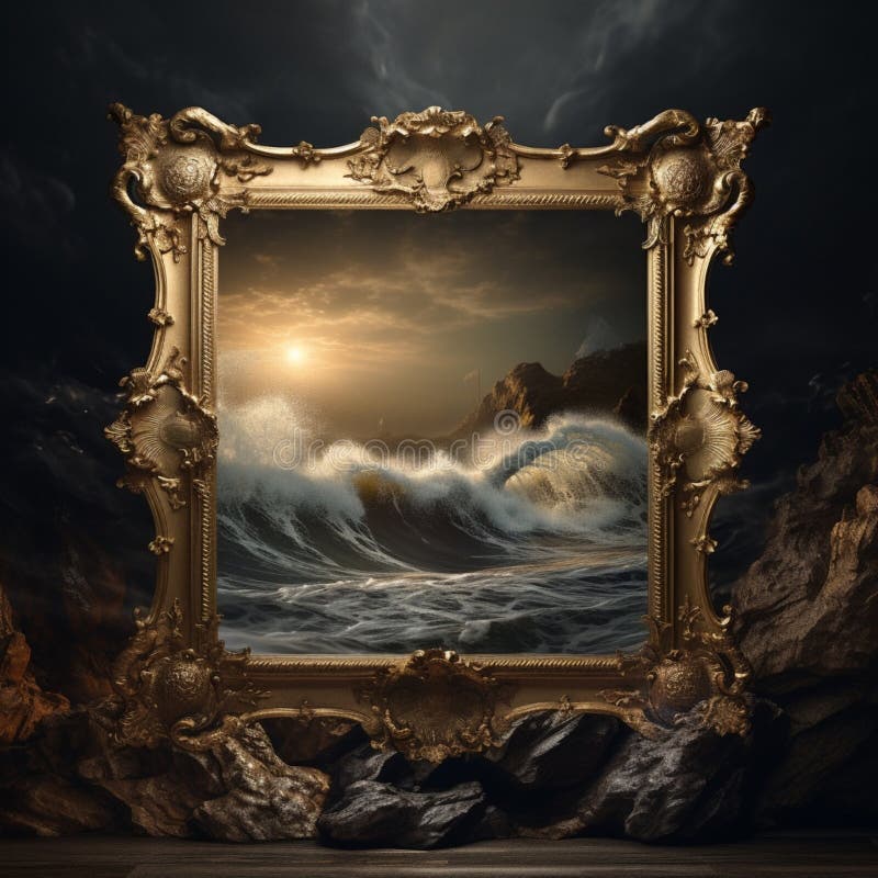 A Painting in a Golden Frame Rests on the Sandy Shore Photo Stock ...