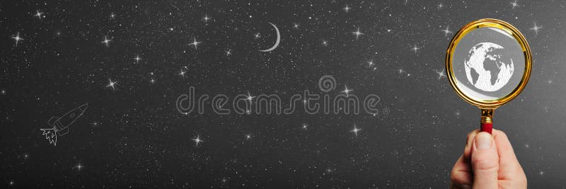 A Painting on a Gray Background. View of Space with Earth, Moon, Stars ...