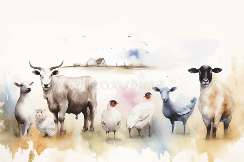 A Painting of a Group of Animals Standing in a Field Stock Illustration ...
