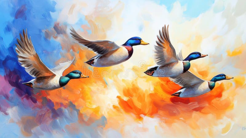 A Painting of a Group of Ducks Flying in the Air, AI Stock Photo ...