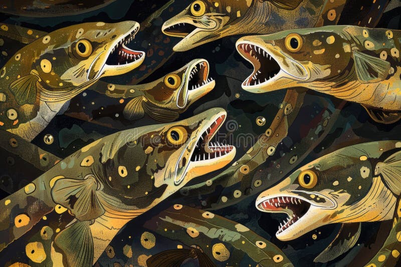 A Painting of a Group of Fish with Open Mouths. Suitable for Aquatic ...