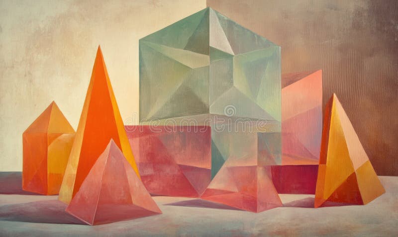 A Painting of a Group of Geometric Shapes, Including Cubes and ...