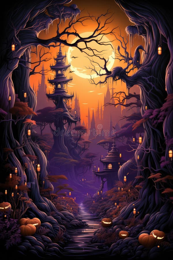A Painting of a Halloween Scene with Pumpkins and Trees Stock ...