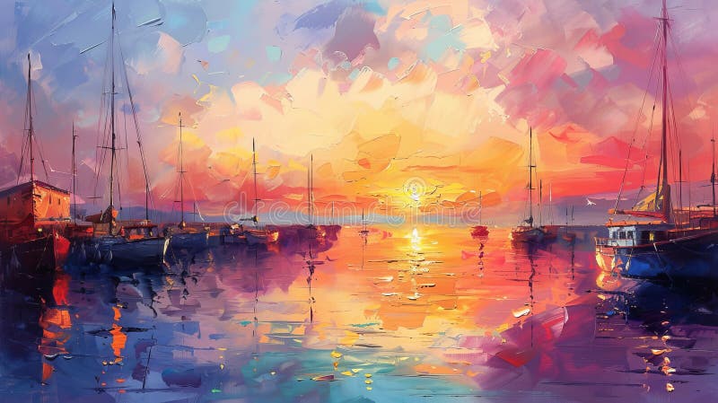 Painting of a Harbor Sunset in Oil Stock Image - Image of painting ...