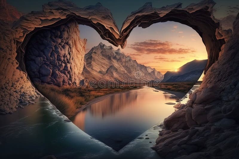 A Painting of a Heart Shaped Cave with a River Running through it Stock ...