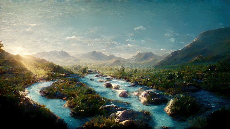 Painting of High Angle View of a Stream with Mountains in the ...