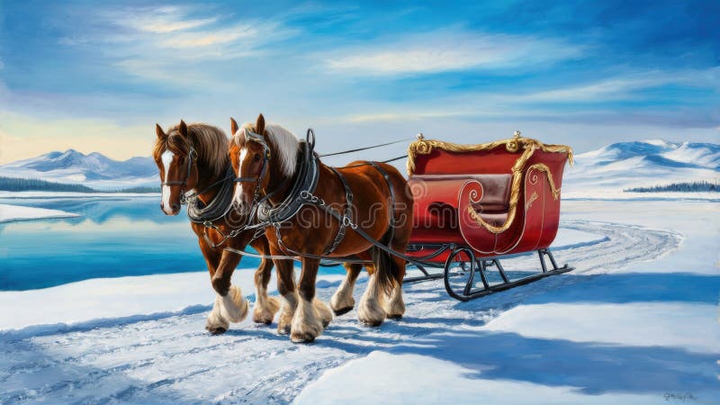 A Painting of a Horse Drawn Sleigh with Two Horses Pulling it, AI Stock ...