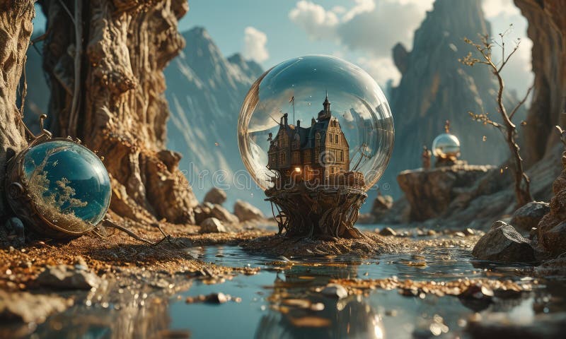 A Painting of a House in a Castle Surrounded by Mountains and a River ...