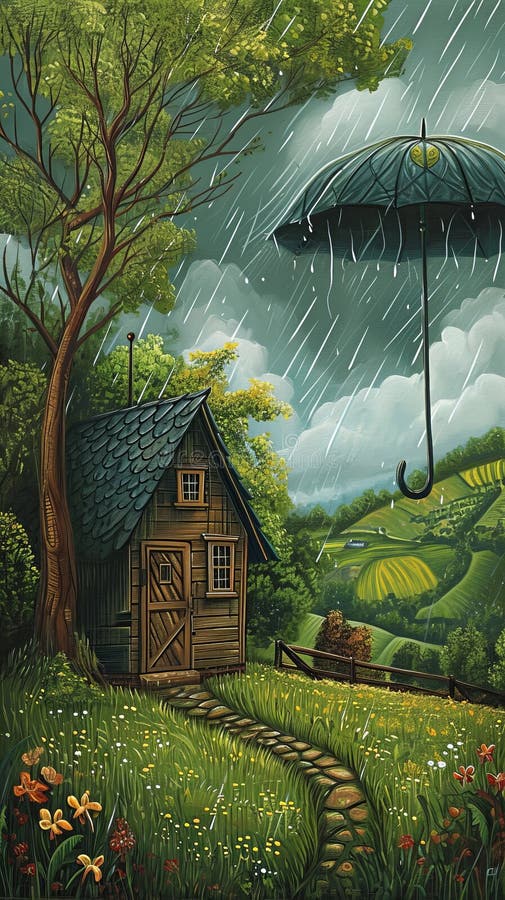 Painting of a House in the Rain with an Umbrella Stock Photo - Image of ...