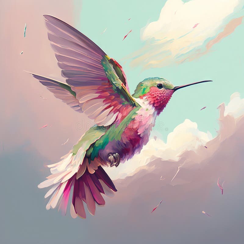 A Painting of a Hummingbird Flying through the Air with Clouds in the ...