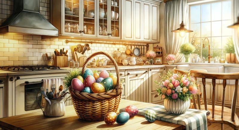 A Painting of a Kitchen with a Basket of Easter Eggs Stock Illustration ...