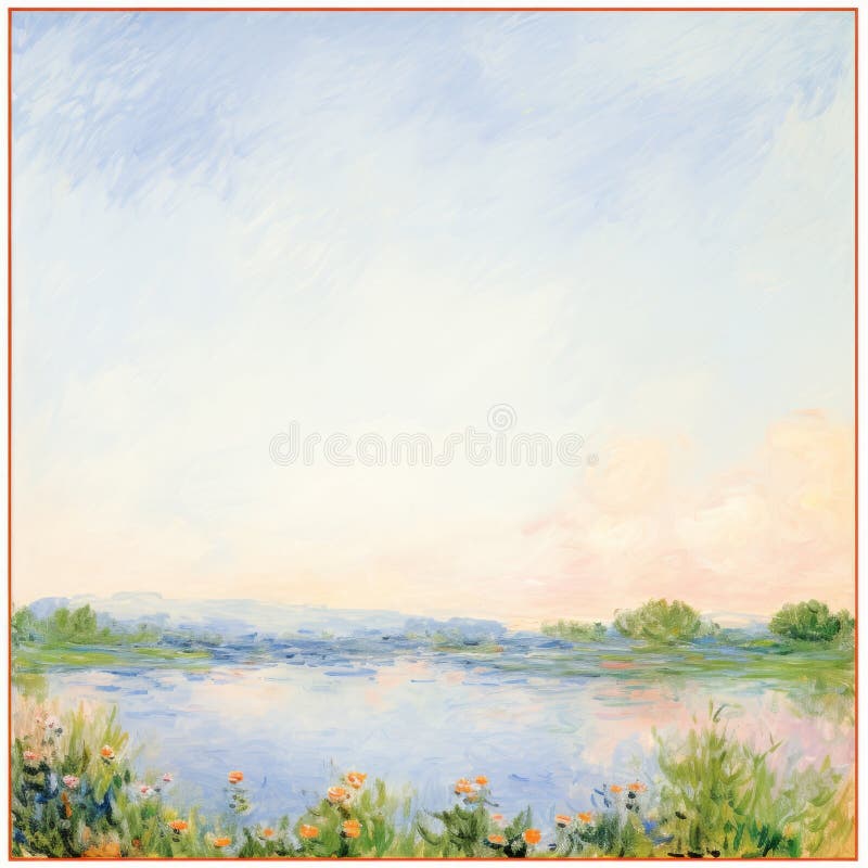 A Painting of a Lake with Flowers and Grass Stock Illustration ...