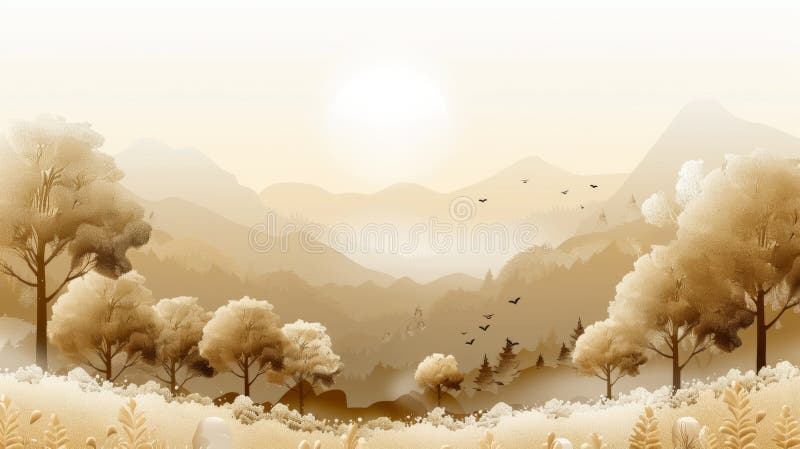 A Painting of a Landscape with Trees and Birds in the Distance, AI ...