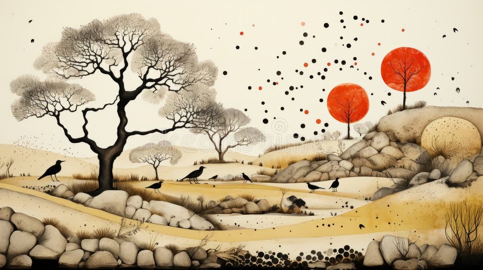 A Painting of a Landscape with Trees and Crows Stock Illustration - Illustration of dirt, design ...