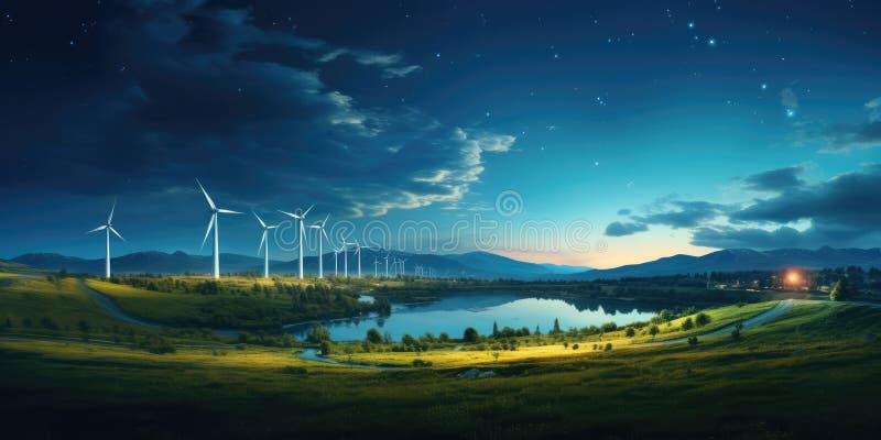 A Painting of a Landscape with Wind Turbines Stock Illustration ...