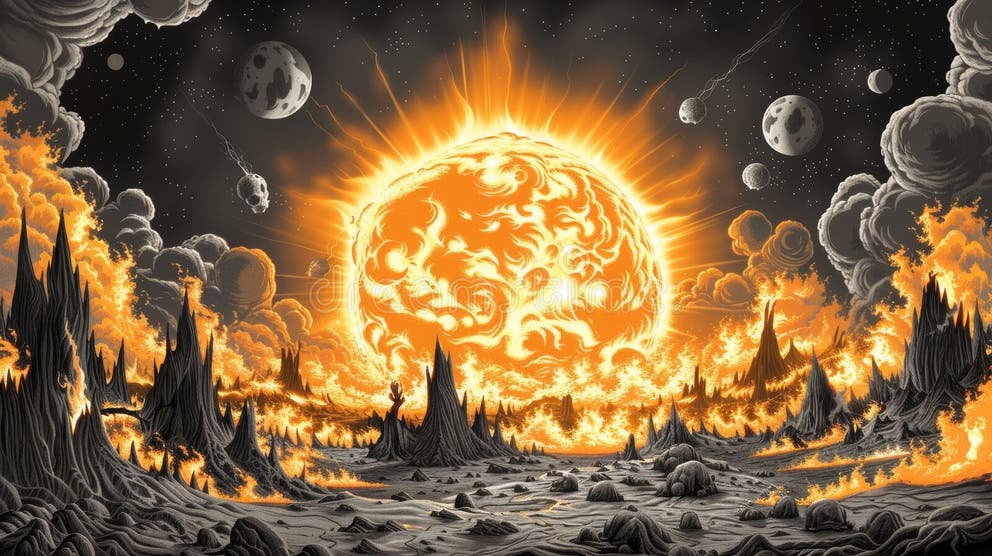 A Painting of a Large Sun Surrounded by Fire and Lava, AI Stock Photo ...