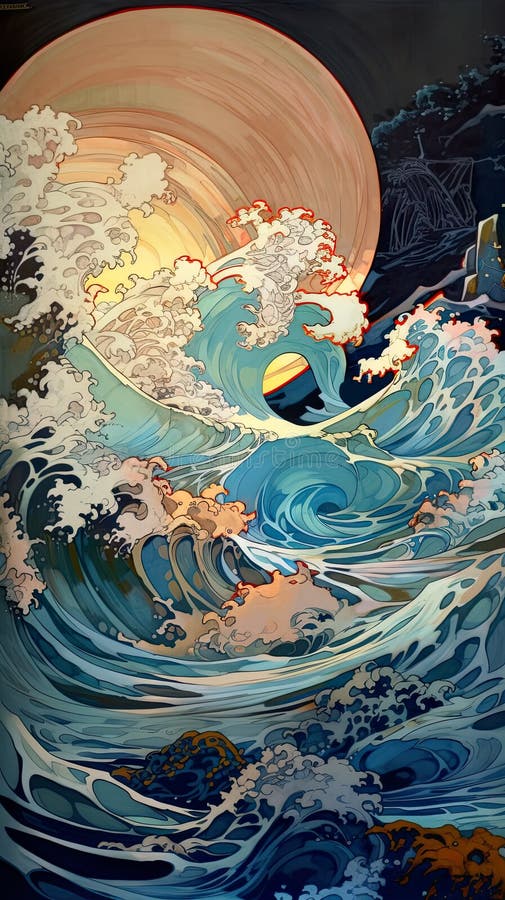 A Painting of a Large Wave Coming in To Shore. Generative AI Image ...