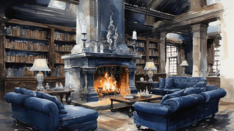 A Painting of a Library with Blue Couches and a Fireplace, AI Stock ...