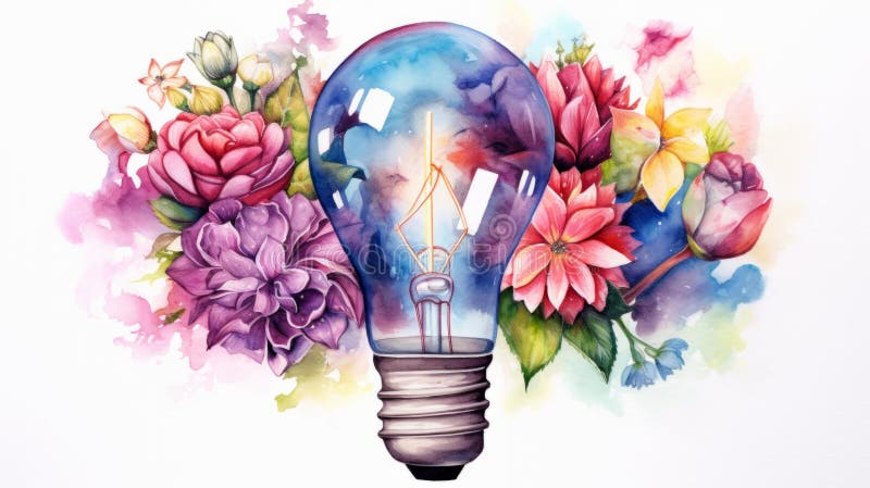 A Painting of a Light Bulb with Flowers Around it Stock Image - Image ...