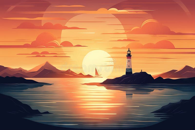A Painting of a Lighthouse in the Middle of a Body of Water Stock ...